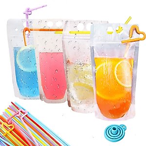 150 Pcs Zipper Plastic Pouches Drink Bags,Juice Pouches Heavy Duty Hand-Held Translucent Reclosable Stand-up Bag with 150 pcs Individual Package Straws & Funnel Included