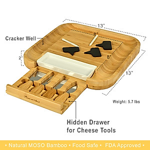 Custom Personalized Engraved Bamboo Cutting Board for Cheese & Charcuterie with Ceramic Dish, Knife Set & Cheese Markers -by Picnic at Ascot USA