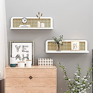 TEPLEDGE White Floating Shelves - Set of 2, Rattan Wall Mounted Hanging Shelves, Decorative Storage Shelves for Bathroom, Kitchen, Living Room & Bedroom