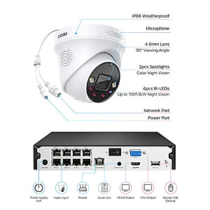 ZOSI H.265+ 4K PoE Home Security Camera System Outdoor Indoor,4K 8 Channel NVR with 2TB Hard Drive and 8pcs 8MP Surveillance PoE Cameras,100ft Night Vision,Motion Detection,for 24/7 Recording