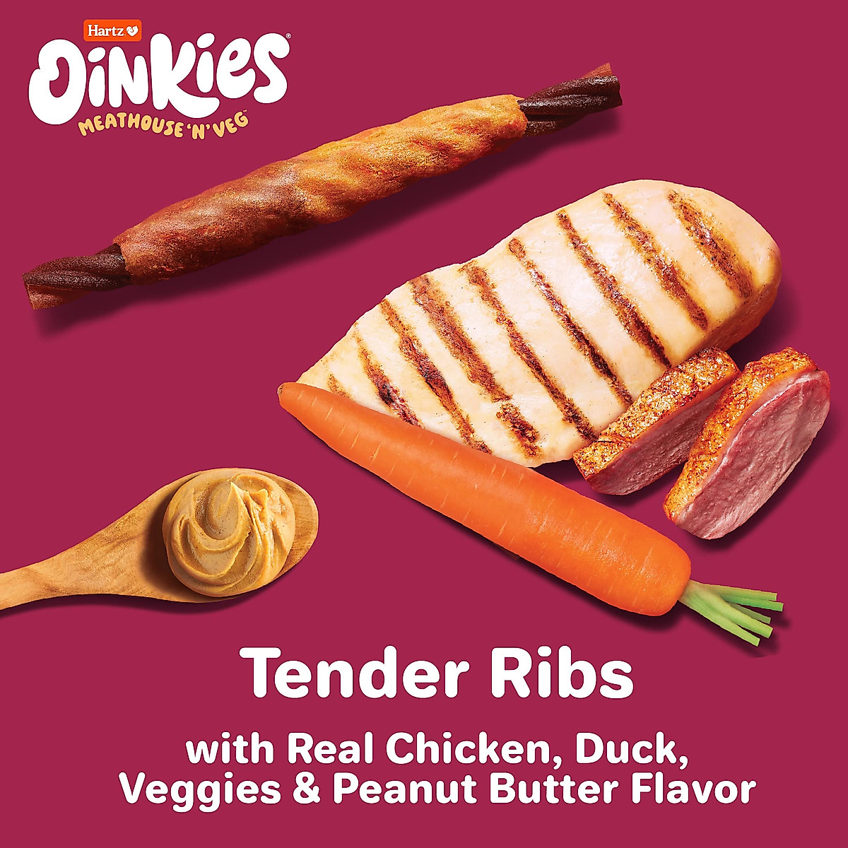 Hartz Oinkies Tender Ribs with Real Chicken, Duck & Veggies, Peanut Butter Flavored Rawhide-Free Dog Treats, Highly Digestible Dog Chews, 22 Count