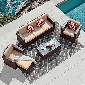 Super Patio Outdoor Furniture 7 Pieces Patio Furniture Set, Rattan Patio Conversation Sets with Coffee Table, Outdoor Wicker Sectional Couch Sofa Set with Ottoman for Deck, Garden, Porch, Brown
