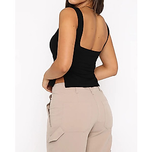 ForeFair Women Sleeveless Backless Crop Tank Top Summer Going Out Outfits Cute Pleated Sweetheart Neck Strappy Y2K Slits Tops (Black,M)