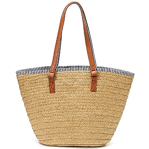Molodo Straw Bag Round Summer Straw Large Woven Beach Bag Purse For Women Vocation Tote Handbags With Pom Poms
