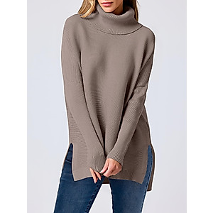 ANRABESS Women's Oversized Turtleneck Batwing Sleeve Spilt Casual Loose Knit Tunic Pullover Sweater Tops 2025 Fall Outfits Brown Small