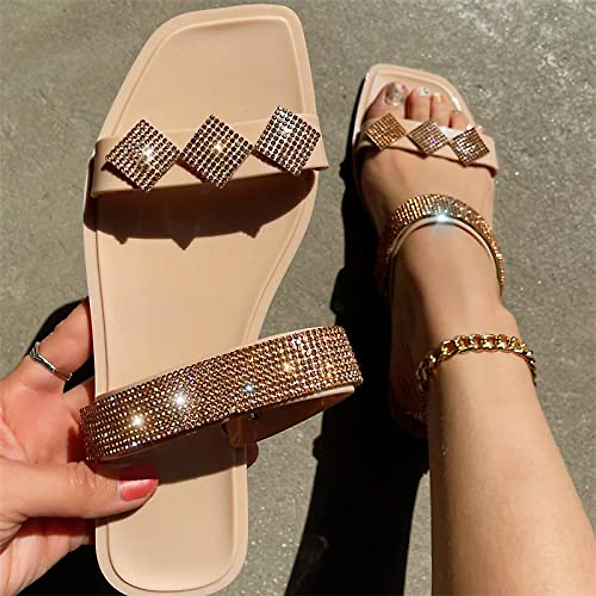 Slipper Socks for Women Women Shoes Fashion Bright Diamond Square Bright Diamond Sandals Flash Diamond One Leg Wear Flat (Khaki, 8)