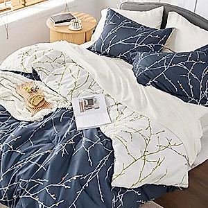 Bedsure Twin Comforter Set - Twin Bed Set 5 Pieces, Reversible Navy Blue Bed in a Bag Tree Branch Pattern Printed with Comforter Twin Size, Sheets, Pillowcase & Sham