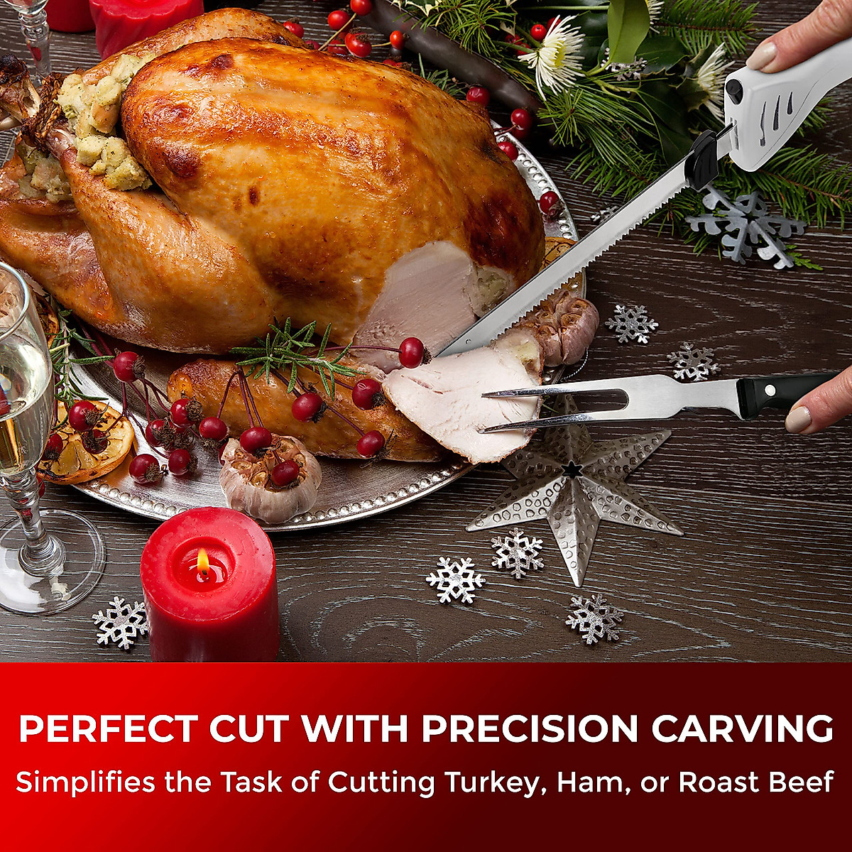Mueller Ultra-Carver Electric Knife for Carving Meats, Poultry, Bread, Crafting Foam. Stainless Steel Blades, Powerful Motor, Ergonomic Handle, One-Touch On/Off Button, Serving Fork Included, White