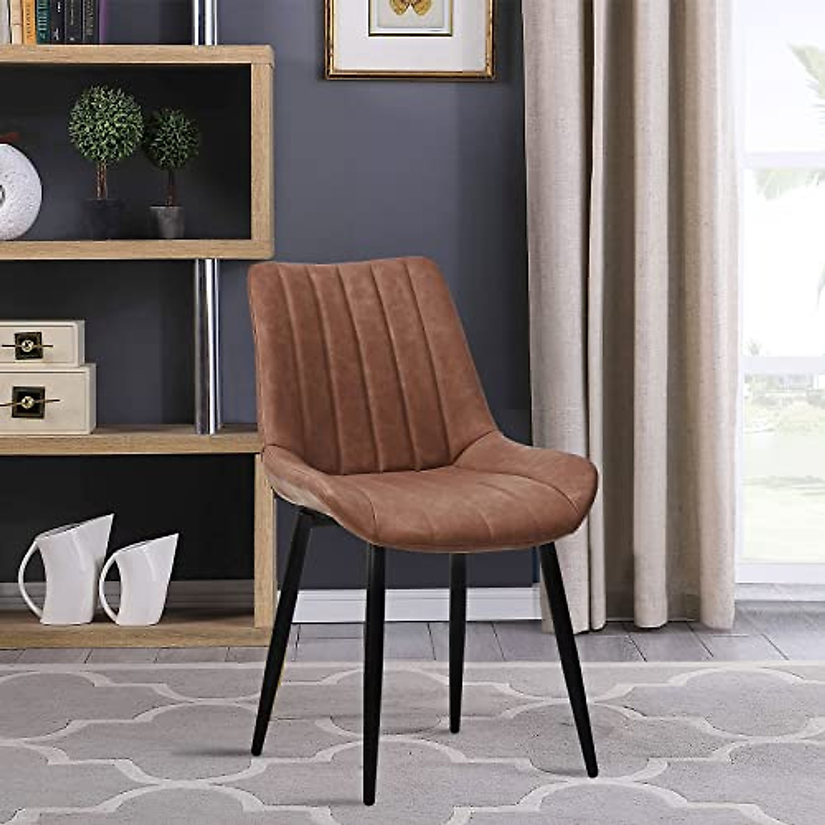 CLIPOP Faux Leather Dining Chairs Set of 2, Mid Century Modern Kitchen Chair, Pu Leather Dining Chair with Metal Leg, High Back, Armless Upholstered Leisure Side Chair for Dining Room Lounge, Brown