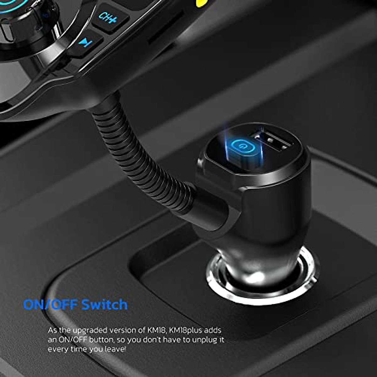 Nulaxy Bluetooth FM Transmitter for Car, Upgraded Manual Power On/Off Switch Wireless Car Radio Bluetooth Adapter Supports Hands free Calls, USB Fast Charging, microSD Card, Aux Play - KM18 Plus Black