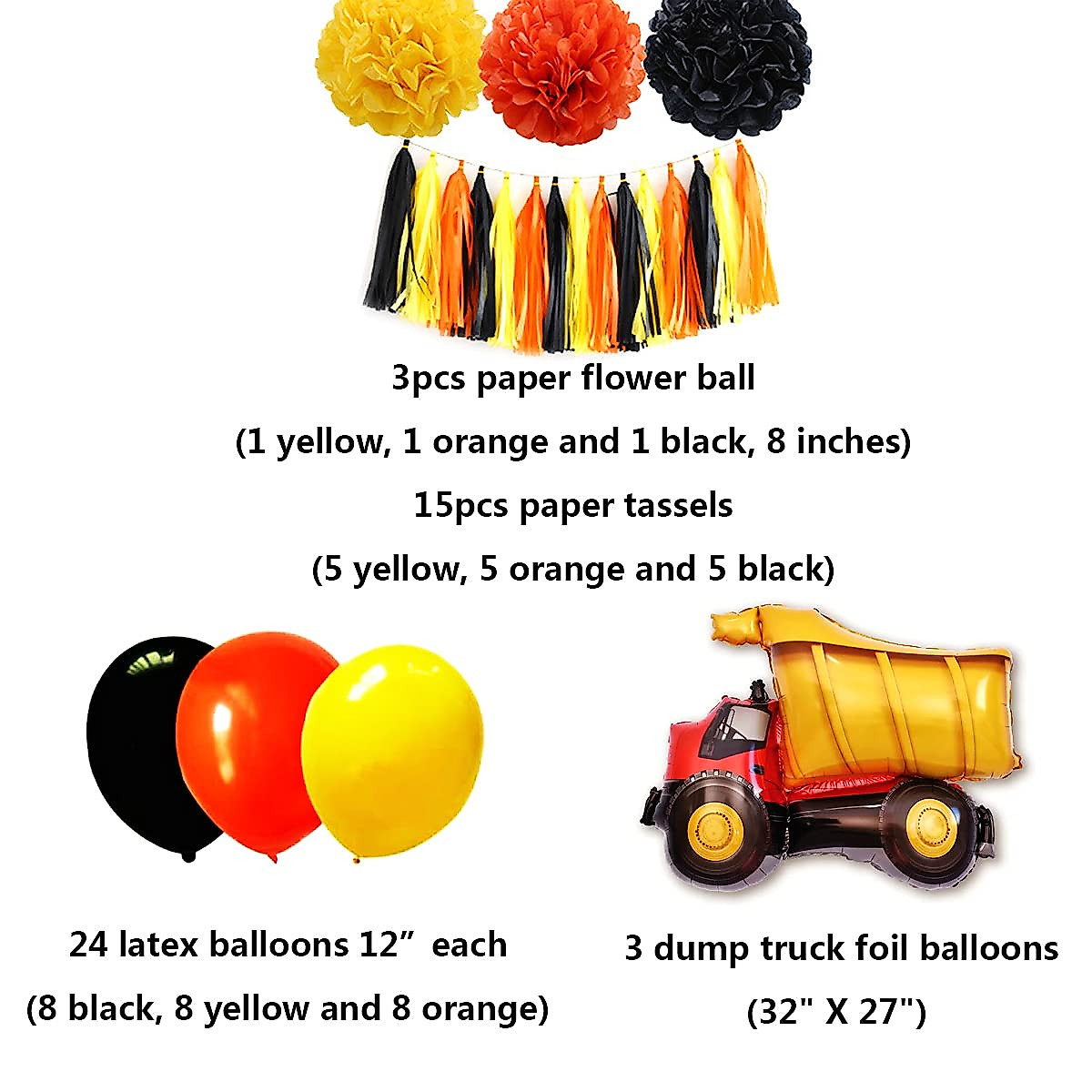Construction Birthday Party Supplies, 58 Pack Dump Truck Birthday Decorations with Foil Latex Balloons, Paper Tassels, Flower Balls, Cupcake Toppers, Vehicle Banner for Kids Boys Grils Birthday