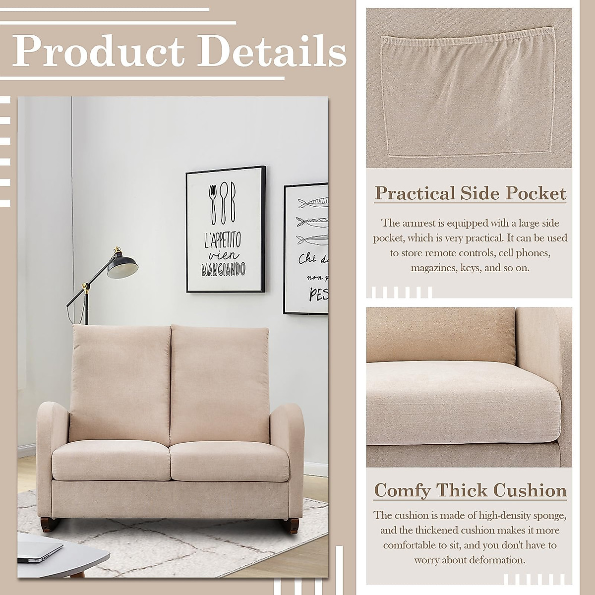 Antetek Modern Double Rocking Chair, Oversized Glider Rocker for Nursery and Kids, Loveseat Accent Armchair with High Backrest and Wide Pocket, Upholstered Lounge Chair for Living Room, Beige