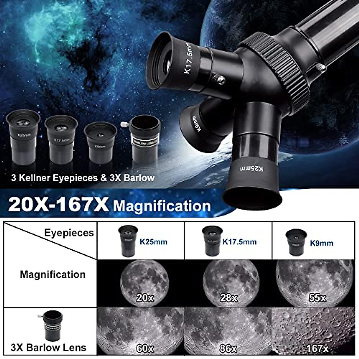 USCAMEL Telescope for Kids Adults Astronomy Beginners, 60mm Aperture and 500mm Focal Length, Protable Travel Refractor Telescope with Rotatable Eyepiece, AZ Mount Tripod, Phone Adapter, Carrying Bag