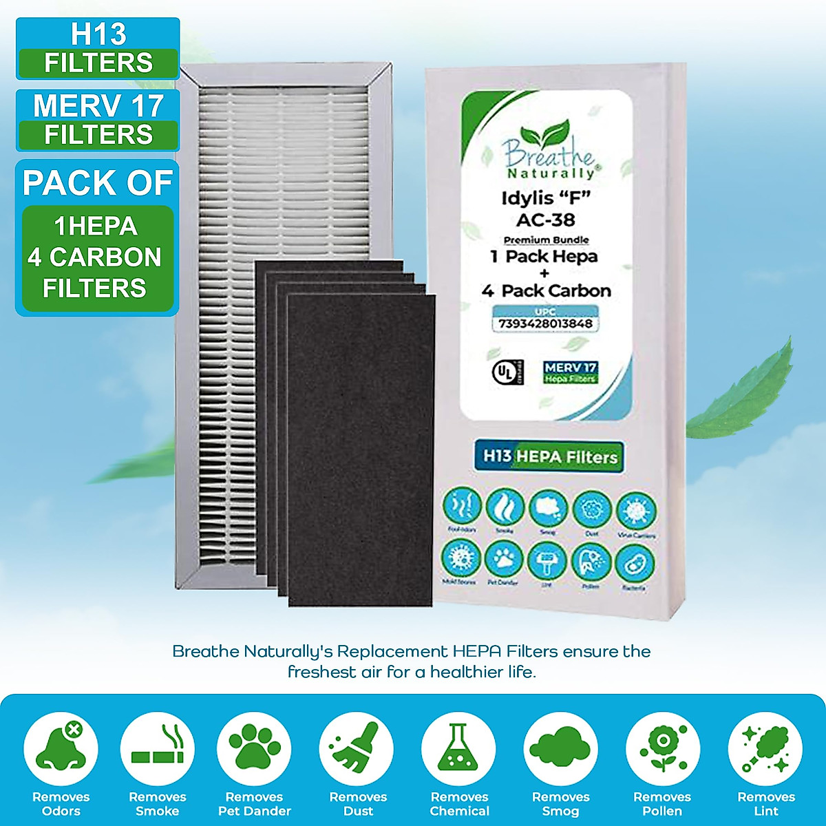 Breathe Naturally - Extra Thick Filters Compatible with Idylis “F” AC-38 Series Air Purifiers - Made for Idylis “F” AC-38/560885 Series(1 Pack Replacement HEPA Filter, 4 Pack Carbon Filters)