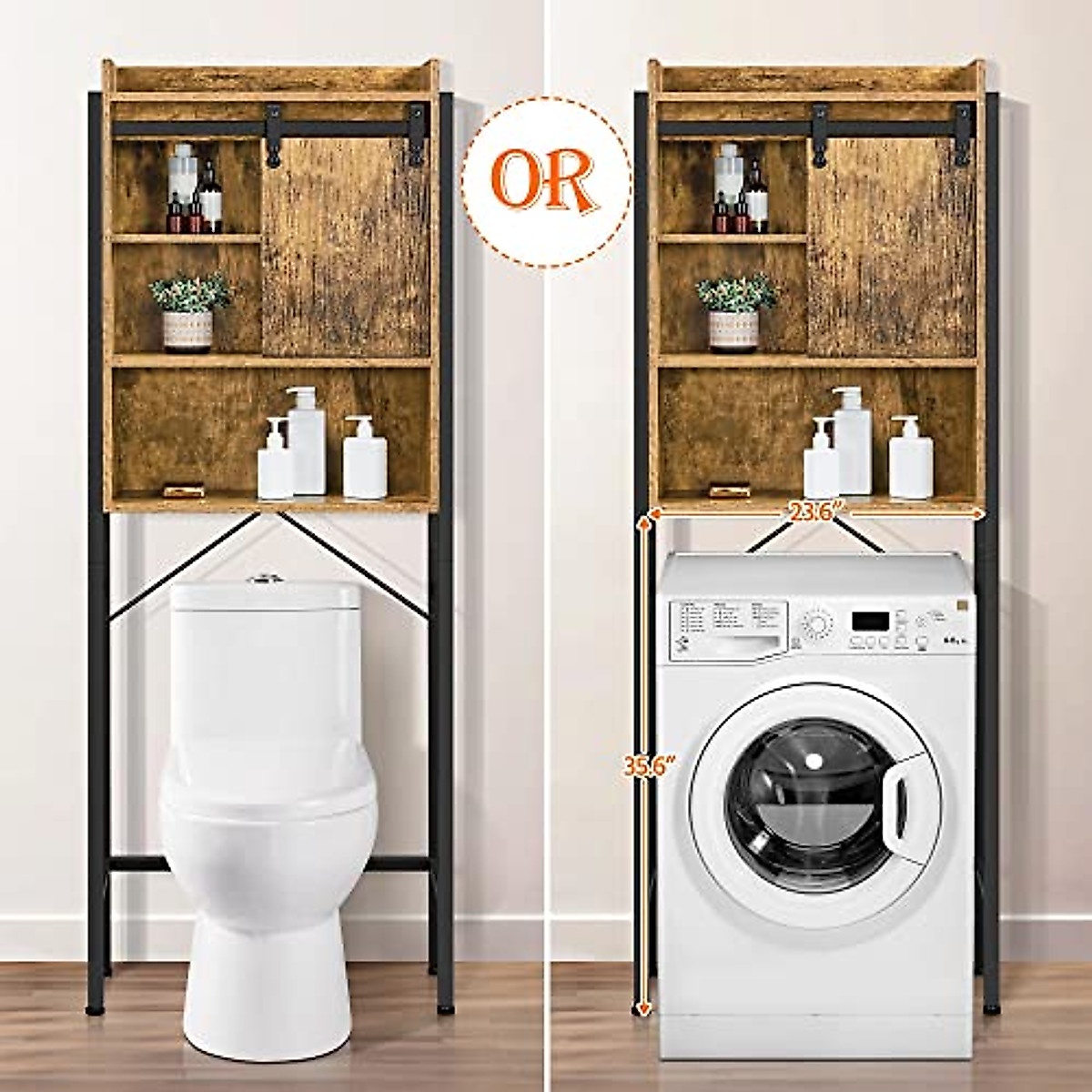 Topeakmart Over The Toilet Storage Cabinet with Slide Rail, Space-Saving Organizer Rack with Cupboard and Adjustable Shelves for Bathroom, Rustic Brown