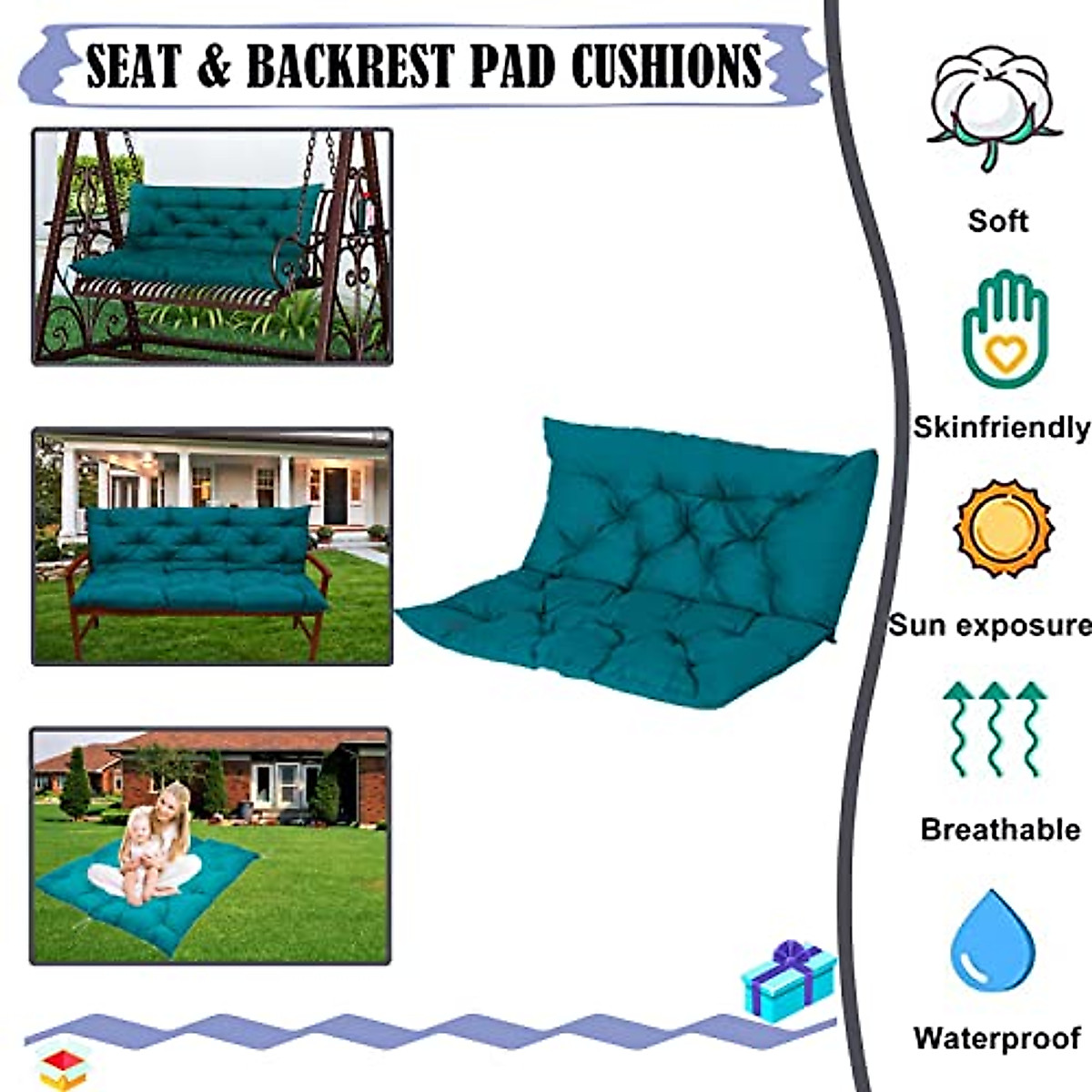 Dttra Replacement Cushions for Swing, Garden Bench Seat Cushion, Waterproof Swing Replacement Cushions with Backrest and Ties, Outdoor Porch Patio Swing Non-Slip Chairs Pad (E, 40 x 60in), Lake Blue