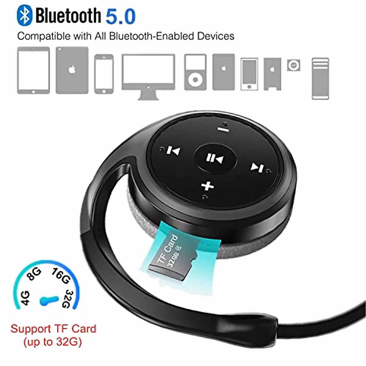 Sports Bluetooth Earbuds, Bluetooth 5.0 Over-Ear Headphones, Support TF Card and FM Radio, CVC8.0 Noise Canceling Earset 12 Hours Playtime for Running, Bicycling, Gym