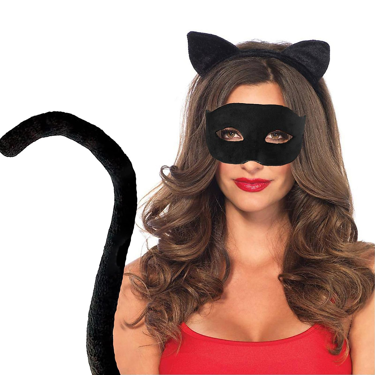 Halloween Black Cat Costume Set for Women, Cat Ear Headband Tail with Black Cat Mask Masquerade Halloween Cat Costume Accessory