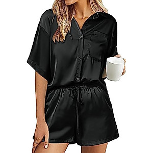 PRETTYGARDEN Women's 2 Piece Satin Pajama Sets Short Sleeve Button Down Tops And Shorts Set 2023 Summer Pjs Silk Sleepwear (Black,Medium)