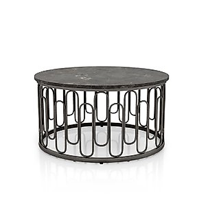 Furniture of America Davis Modern Round Coffee Table with Marble Top & Sturdy Metal Legs & Open Shelf for Living Room, Apartment, Small Space, Black