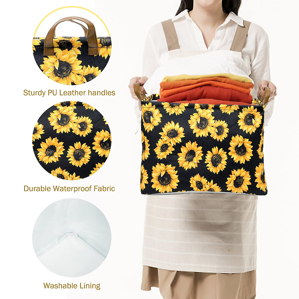 Sunflowers Storage Bin Basket Collapsible with Leather Handles Waterproof Canvas Storage Cube Box for Closet Toys Clothes Nursery Room Gift Basket
