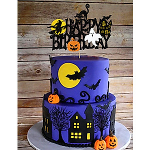 Halloween Cake Topper Glitter Halloween Birthday Cake Toppers Decorations for Boys Girls Spooky Cat Witch Ghost Castle Pumpkin Halloween Happy Birthday Party Decoration Supplies