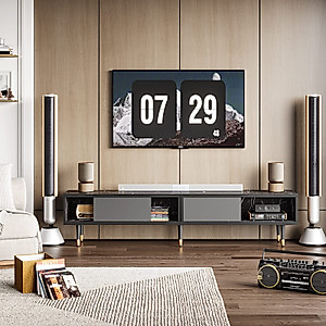 Bestier Mid Century Modern TV Stand for 85 inch tv, Entertainment Center with Storage and Sliding Doors, 2 in 1 Long TV Cabinet for Living Room, Black Marble