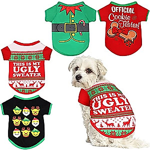 4 Pieces Christmas Dog Shirt Christmas Pet Shirt Soft Breathable Puppy Shirts Printed Pet T-Shirt Pet Clothing Christmas Cosplay Xmas Pet Apparel for Small Dogs and Cats (XS)