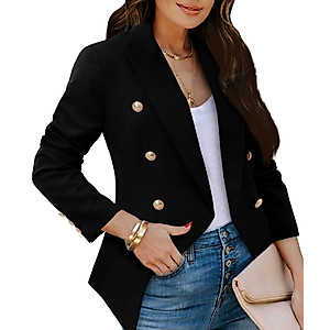 CRAZY GRID Womens Double Breasted Blazer Jackets Open Front Business Casual Suit Jacket Long Sleeve Dressy Blazer Lapel Gold Button Ladies Work Office Blazer Black Medium