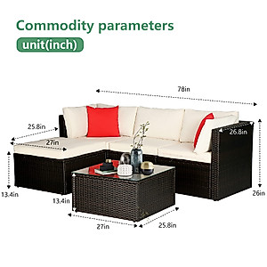 5 Pieces Patio Furniture Outdoor Wicker Sectional Patio Rattan Chair Conversation Backyard Lawn Porch Poolside Balcony Garden Sofa Set with Glass Coffee Table, Brown
