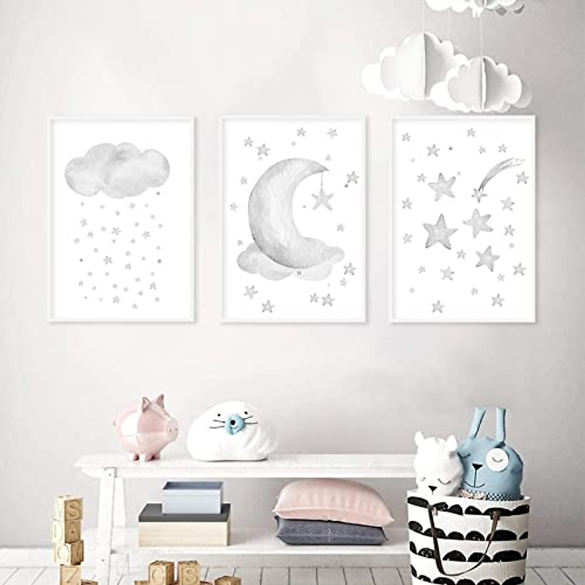 Bfgsrtcbox Grey Moon Wall Decor Nursery Star Print Cloud Art Stars Poster Canvas Printing Painting Pictures Posters Prints for Kids Room Home Girls bedroom 12x16inchx3pcs No Frame