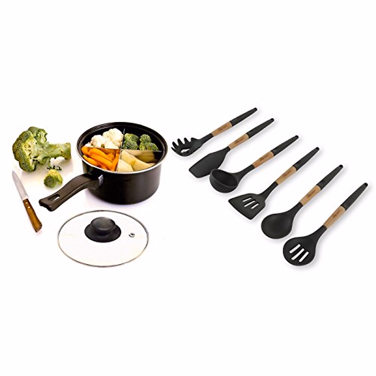 Silicone Cooking Utensils Set (6 pcs) Natural Wood Kitchen Utensils – Eco Friendly & BPA Free, Non Scratch & Non Stick Easy Grip Cooking Tools And Best Kitchen Gadgets Tools for Cookware