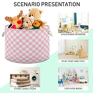 Kigai Storage Basket Pink Gingham Round Toy Baskets Foldable Nursery Organizer Waterproof Inner Layer with Sturdy Handles Clothes Laundry Hamper Bin
