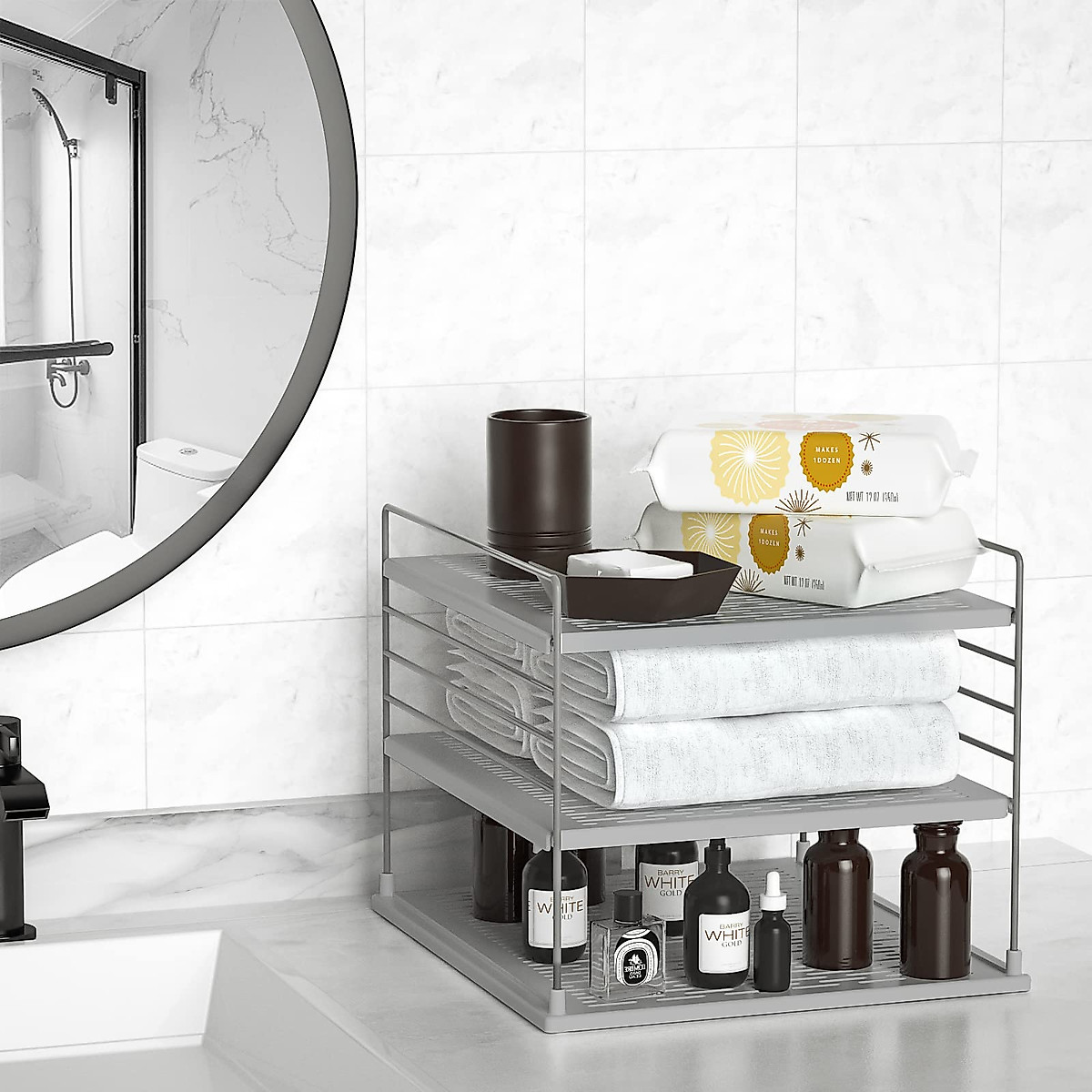 WANCHIY 2 PACK Cabinet Organizer- Divided Compartment Holder for Foil and Plastic Wrap- Upgraded Pantry Organizers and Storage for Kitchen(Gray)