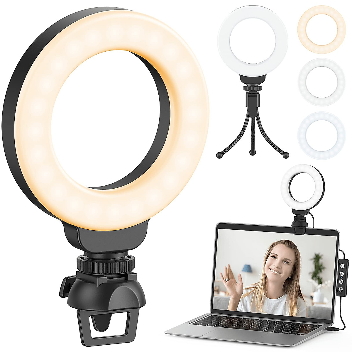 Ring Light for Laptop Computer, Ruyilam Video Conference Lighting Kit with Clip and Tripod, Desktop PC Selfie Dimmable Light with Stand Ring Light for Live Streaming, Video Recording, Makeup