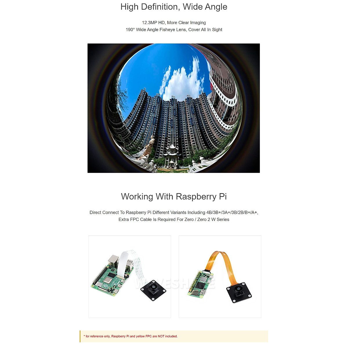 Coolwell IMX378-190 Fisheye Lens Camera for Raspberry Pi Series Board, 190° Wide Angle Fisheye Lens, 12.3MP, Wider Field of View