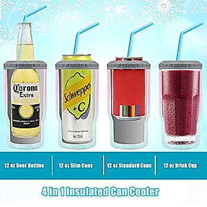 4 in 1 Can Cooler Water Bottle, 12oz Stainless Steel Beer Bottle with Straw Fits Slim Skinny Bottle & Can, Non-Slip | Pink