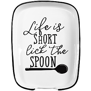 Hvukeke Ceramic Spoon Rest for Stove Top, Funny Life is Short Lick the Spoon White Spoon Holders for Kitchen Counter, Modern Farmhouse Kitchen Cute Decor