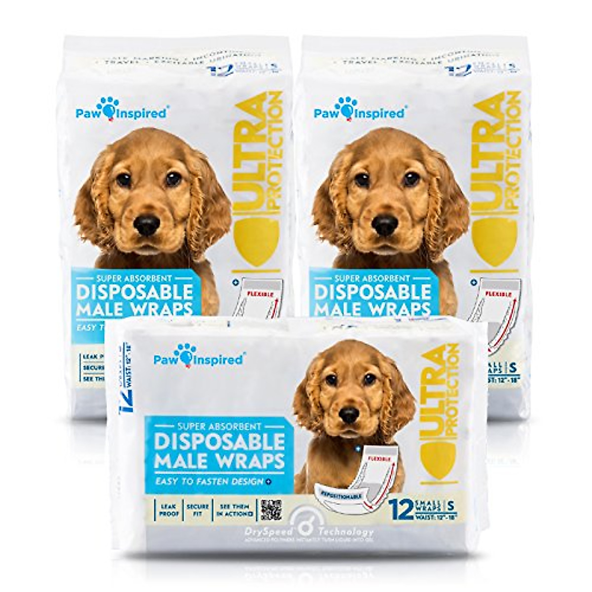 Paw Inspired Disposable Dog Wraps | Male Dog Diapers Ultra Protection | Belly Band for Male Dogs | Excitable Urination, Incontinence, or Male Marking (36 Count, Small)