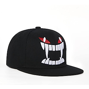 Quanhaigou Men's Black Snapback,Big Teeth Adjustable Baseball Hat 3D Embroidery Cartoon Caps