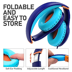 FosPower Kids Headphones with 3.5mm Laced Cables, Children & Teens Over The Ear Foldable Adjustable Headset w/Built-in Mic for Smartphones/PC/Tablet/Laptop/School (Max Volume 85dB) - Blue