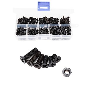 binifiMux M4 Flat Head Screws and Hex Nuts Phillips, M4 Countersunk Machine Screws, 220pcs (6 Sizes) M4-.7mm Black Bolts Nuts Assortment for Tv Stand,Computer Repairing, DIY