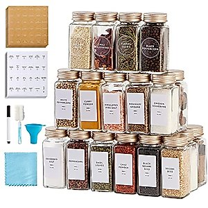 Skiileor 25 Pcs Spice Jars with Label- Glass Spice Jars with Gold Metal Caps,Shaker Lids, Funnel, Chalk Pen, Brush,Cleaning Cloth 4oz Seasoning Containers Bottles for Spice Rack, Cabinet, Drawer