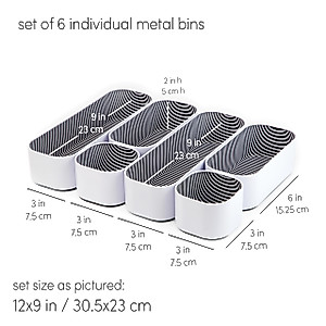 Three by Three Seattle 6 Piece Metal Organizer Tray Set for Storing Makeup, Stationery, Utensils, and More in Office Desk, Kitchen and Bathroom Drawers (2 Inch, Stripes and White)