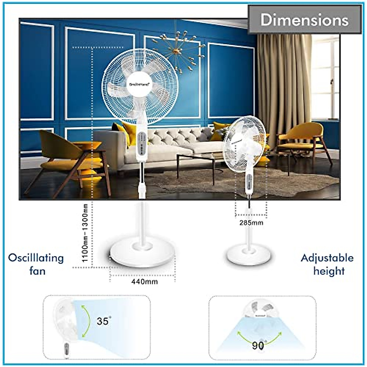 Technical Pro Smart Oscillating Pedestal Fan, 3 Speed Portable 16” WIFI Enabled Standing Fan w Adjustable Height, 270 Degree Oscillation, Tilting, Timer & Sleep mode compatible w/Alexa/Google (White)