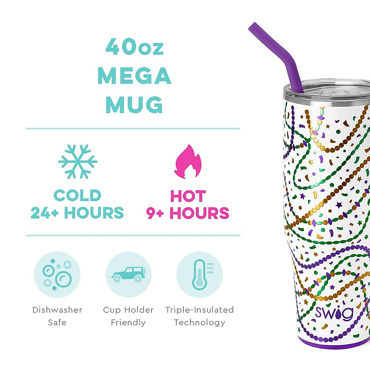Swig Life 40oz Mega Mug, 40 oz Tumbler with Handle and Straw, Cup Holder Friendly, Dishwasher Safe, Extra Large Insulated Tumbler, Stainless Steel (Hey Mister!)