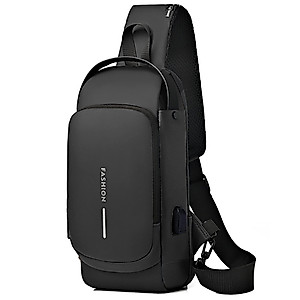 Geanbun Sling Bag Anti-Theft USB Crossbody Backpack Waterproof Chest Daypack Lightweight Shoulder Bag (Black)