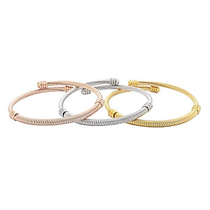 EDFORCE 3 Tone Stainless Steel Hypoallergenic Stacked Twisted Cable Wire Bangle Adjustable Cuff Bracelet Set, Set of 3, 6"-7.5" (Wire)