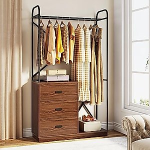 Tribesigns Freestanding Clothes Rack with 3 Drawers, Industrial Garment Rack Wardrobe Closet with Hanging Rod, Heavy Duty Wood Closet Organizer for Bedroom