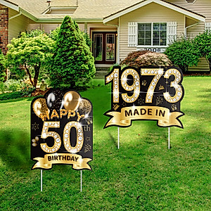 2Pcs 50th Birthday Yard Sign Decorations with Stakes, Large Size 16'' Black Gold Happy 50th Birthday Made in 1973 Waterproof Outdoor Lawn Signs Decor for Men Women Birthday Party Supplies
